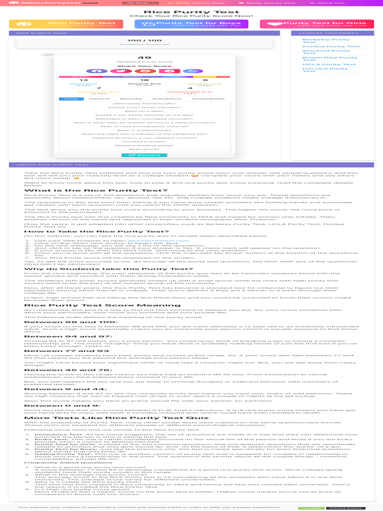 Rice Purity Test - Check Your Rice Purity Score Now! | PDF