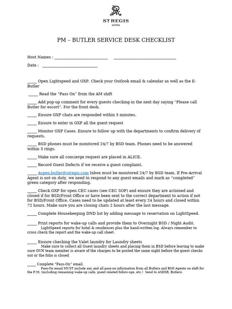 PM - Butler Service Desk Checklist | PDF