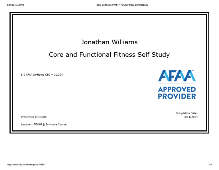 Cec Certificate Print Fitour Fitness Certifications Pdf