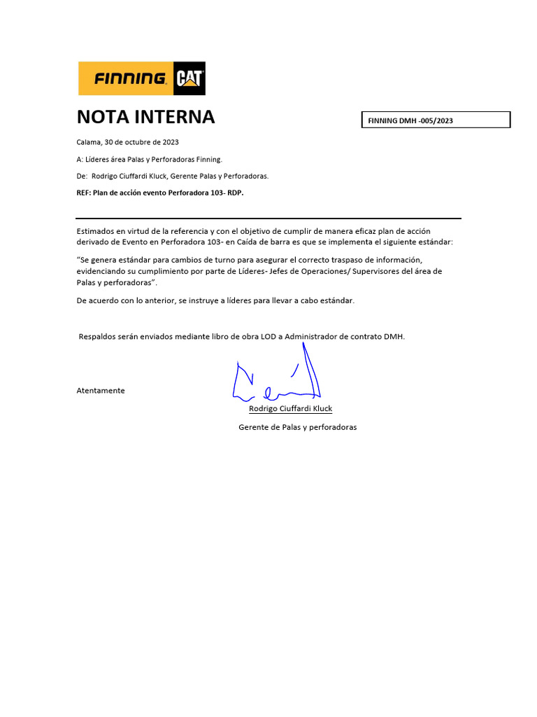 Nota Interna 005 - Finning Plan de Acción PE103 Caída de Barra. | PDF