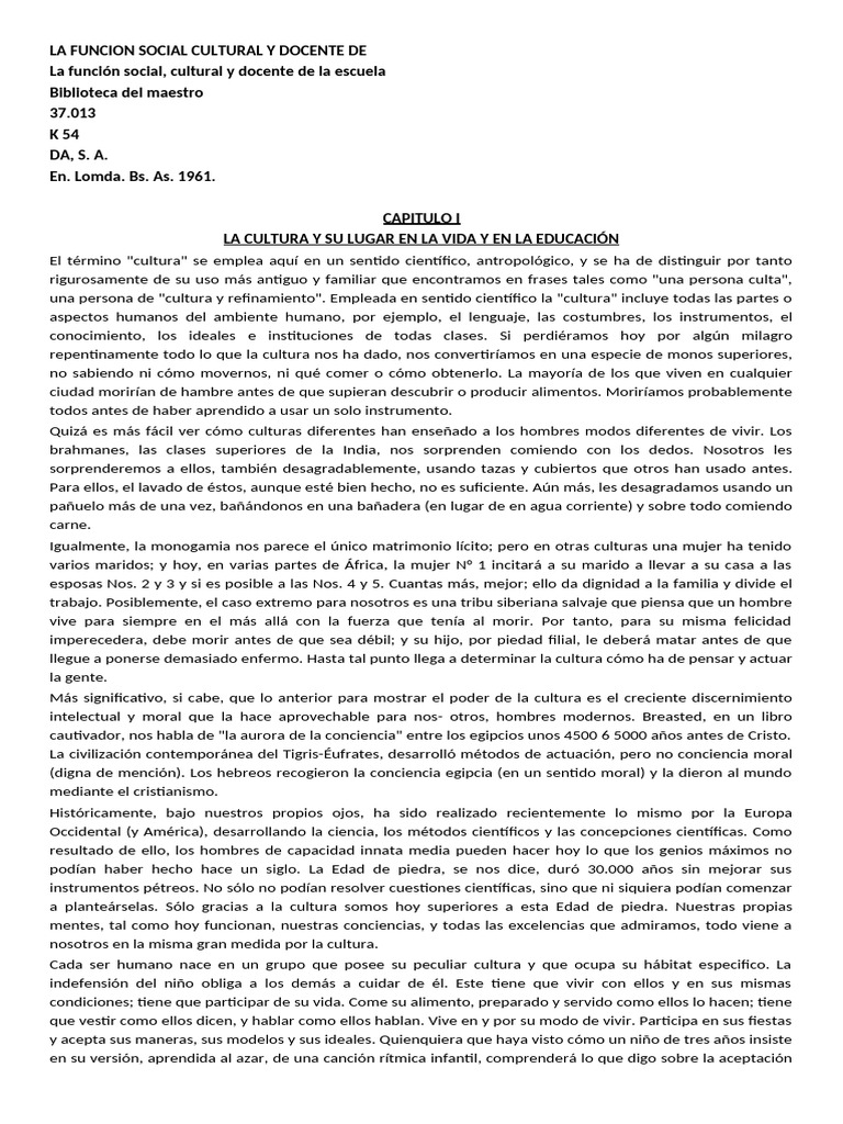 La Funcion Social Cultural y Docente - Kilpatrick | PDF