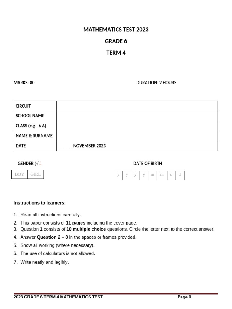 Grade 6 Mathematics Test Term 4 2023 | PDF