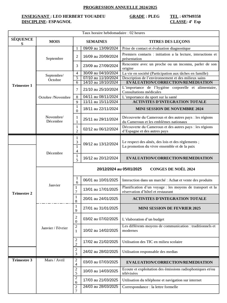 PROGRESSION 4ème 2024-2025 | PDF