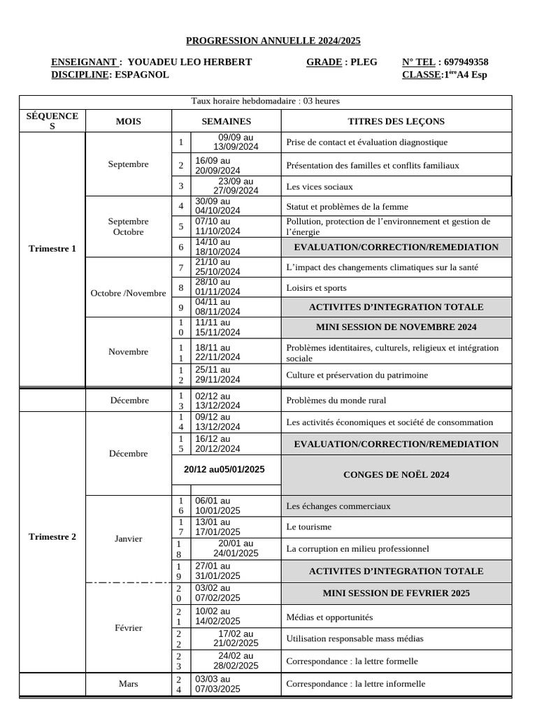 PROGRESSION 1ère A4 2024-2025 | PDF
