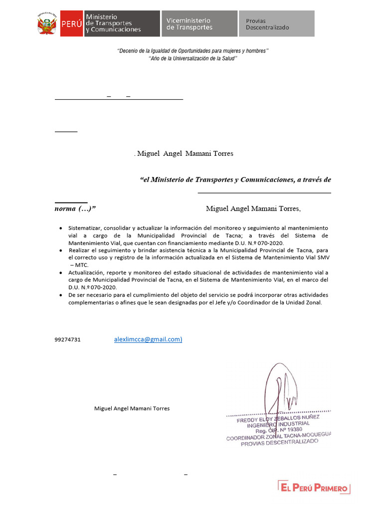 Oficio #111-2020-MTC-21.UZTM Presentación Analista Tacna | PDF