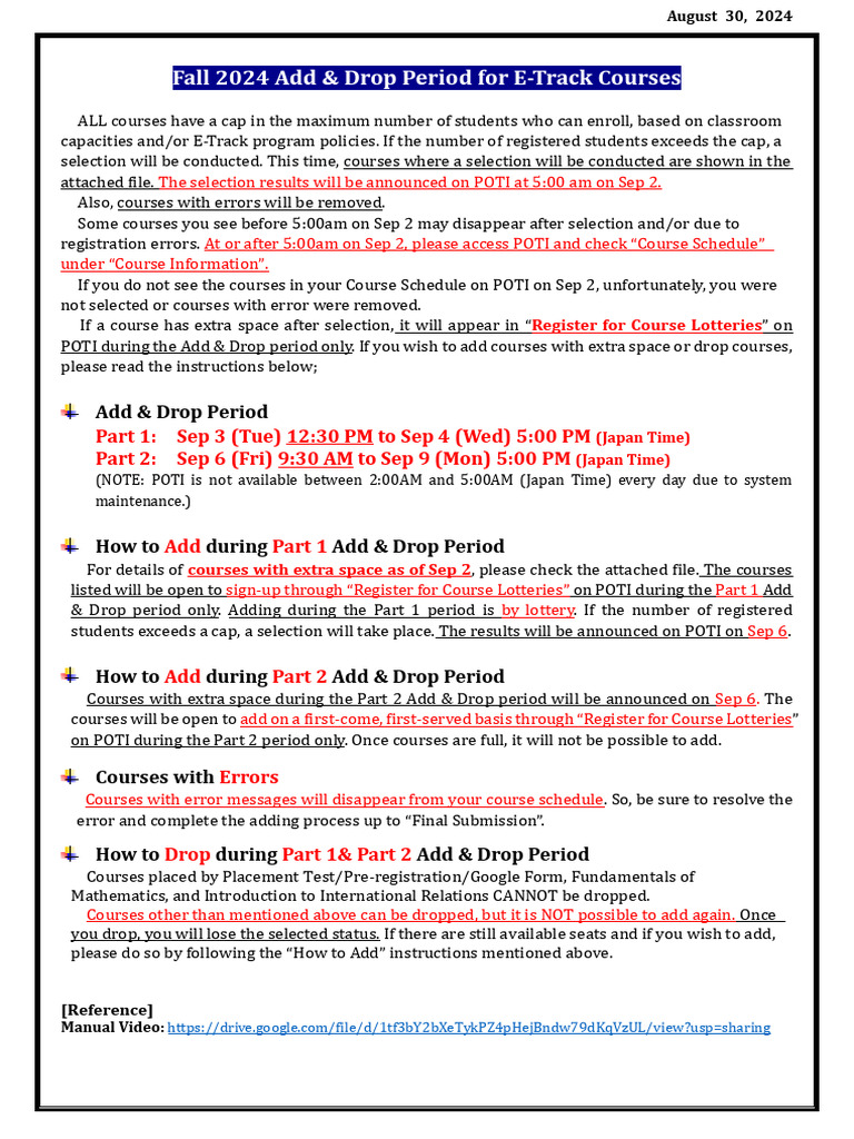 Information - Add & Drop Period Course Registration | PDF