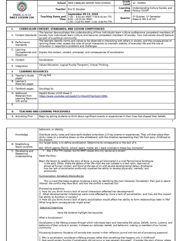 DLL W 7 2024_socialization | PDF