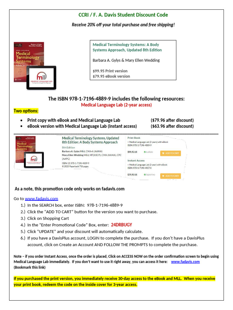 FA Davis - Medical Terminology Textbook or On-Line Access - Purchasing Information - Spring 2024 ...