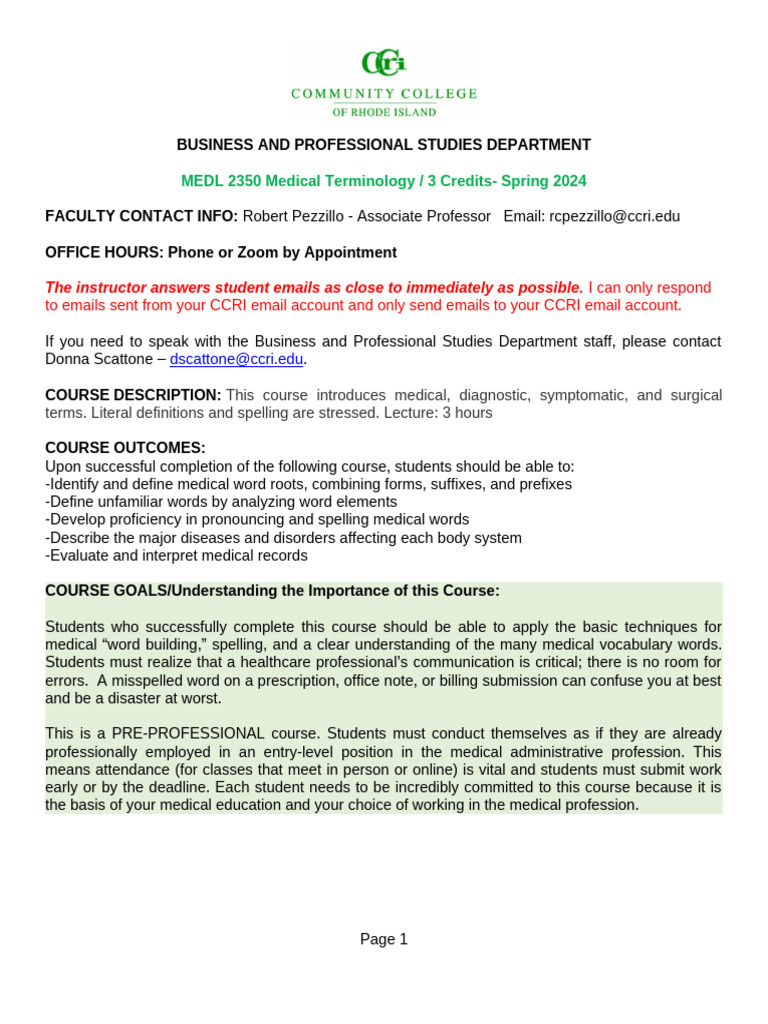 MEDL - 2350 - Medical Terminology - Spring 2024 - Syllabus | PDF