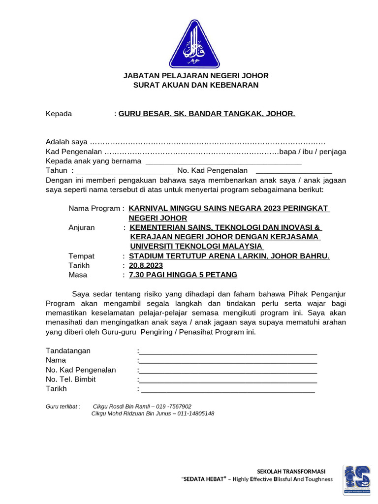 Surat Kebenaran Ibubapa JPNJ TS25 | PDF