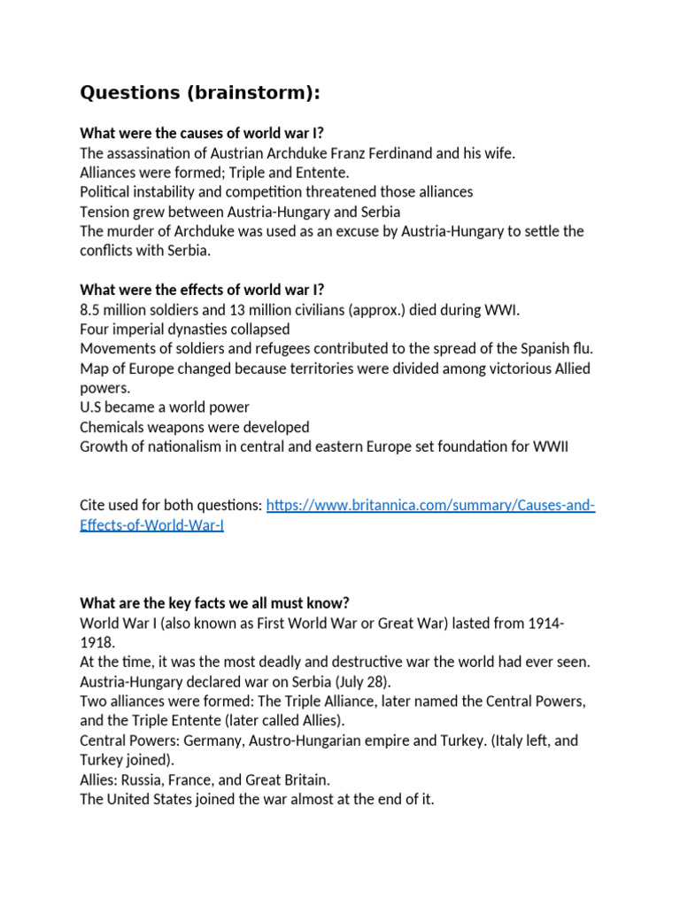 Questions (Brainstorm) :: What Were The Causes of World War I? | PDF