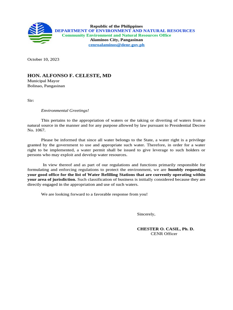 Water Refilling Station Letter1 | PDF