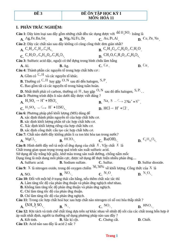 De On Tap HK1 Hoa 11 CTST de 3 | PDF