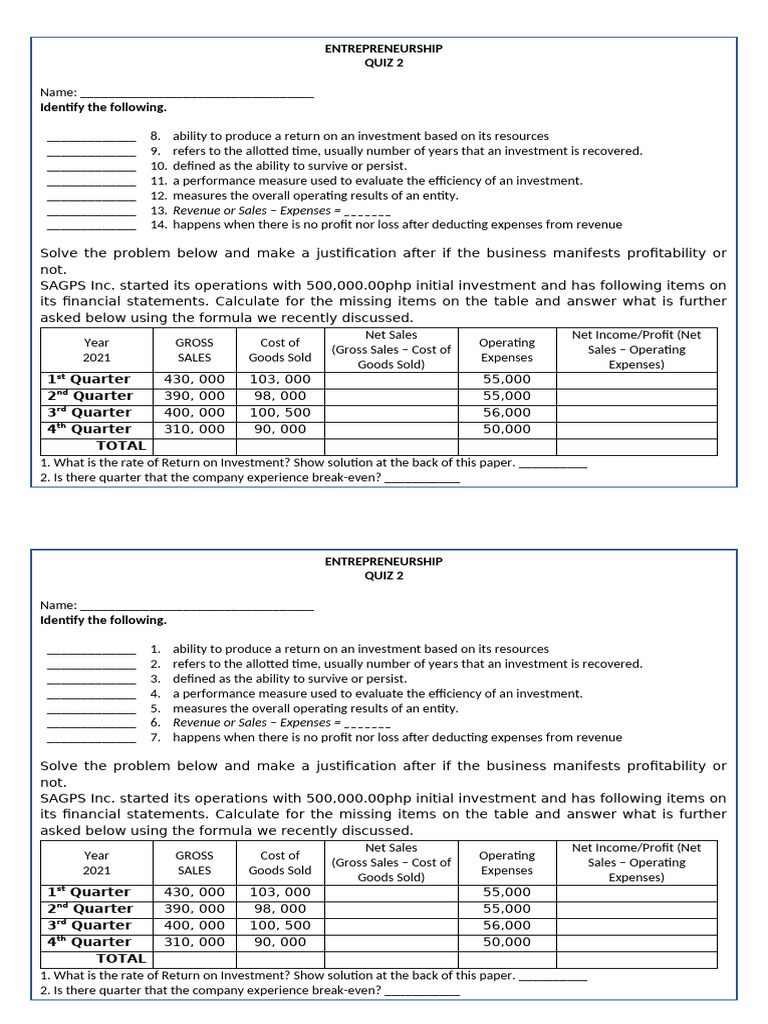 Entrep Quiz 2 | PDF | Expense | Revenue