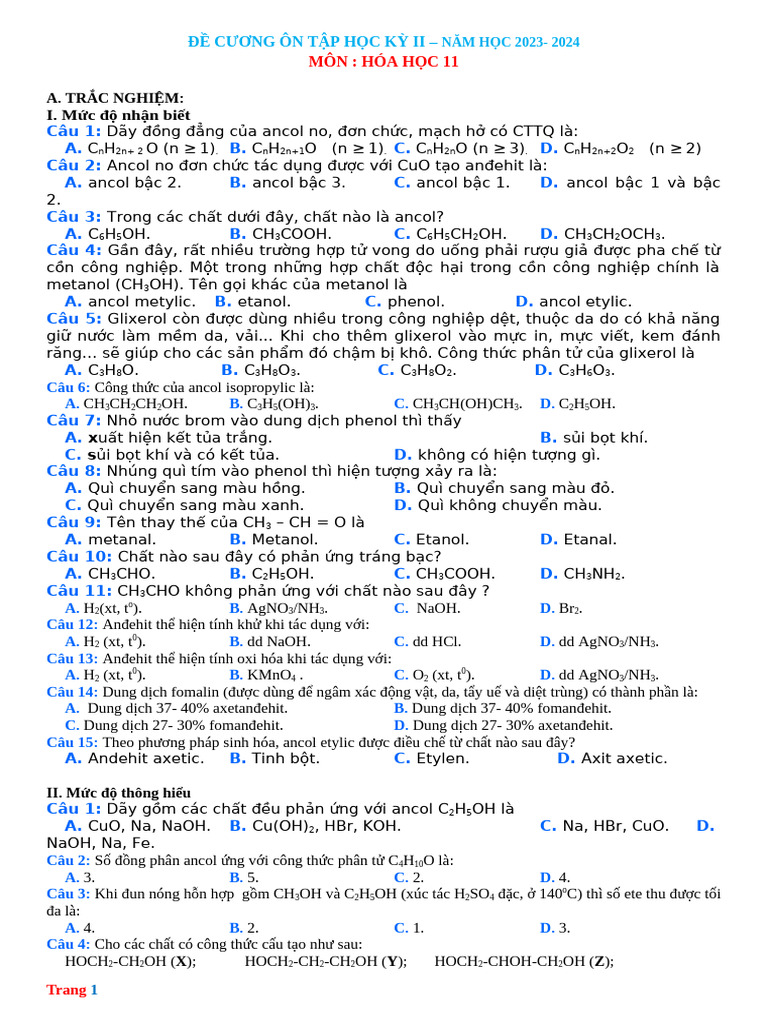 De Cuong On Tap HK2 Hoa11 Nam 22 23 | PDF