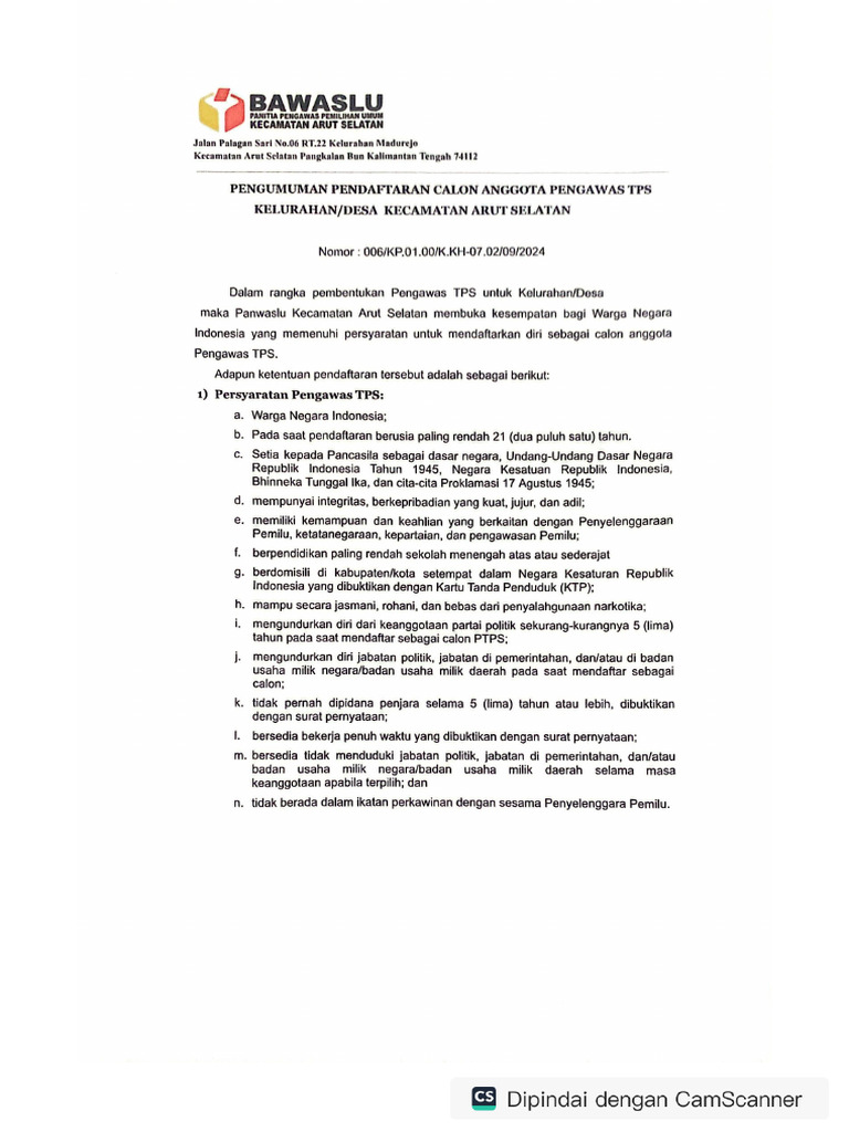 Pengumuman Rekrutmen PTPS | PDF