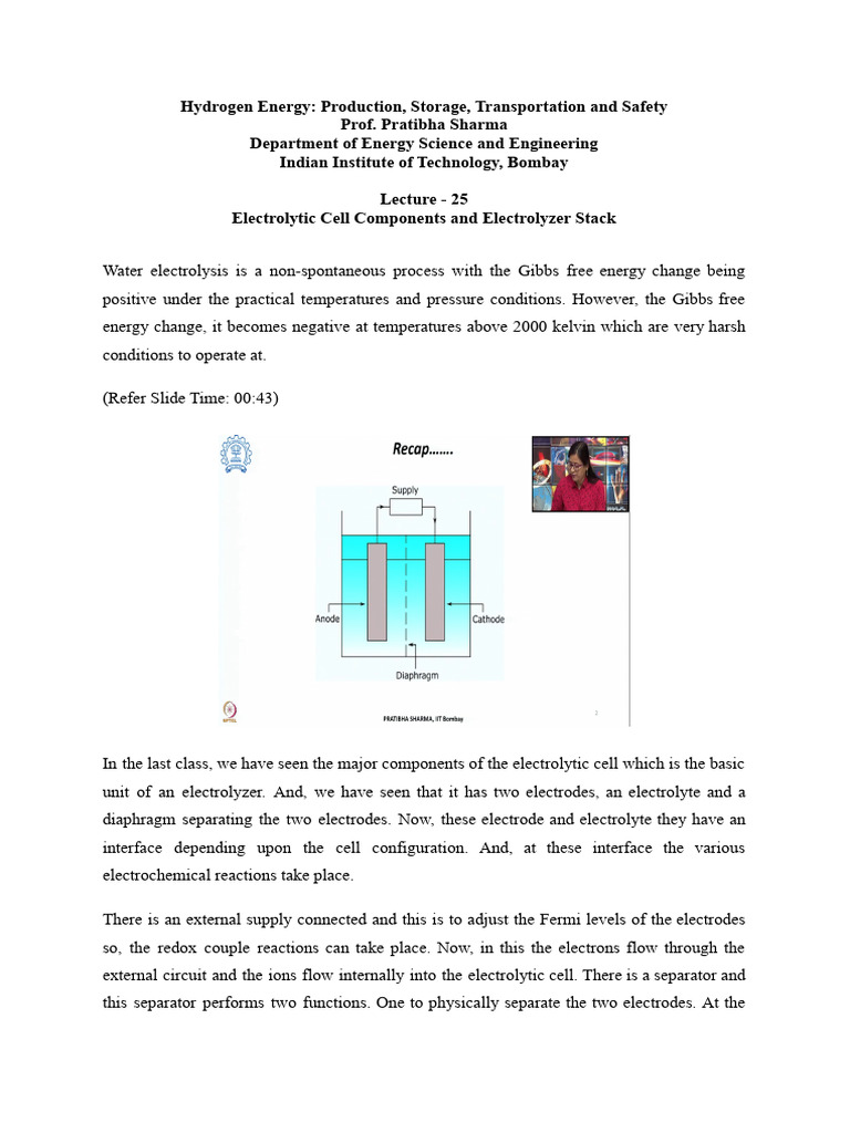 Lec25 - Electrolytic Cell Components and Electrolyzer Stack | PDF | Electrochemistry | Electrode