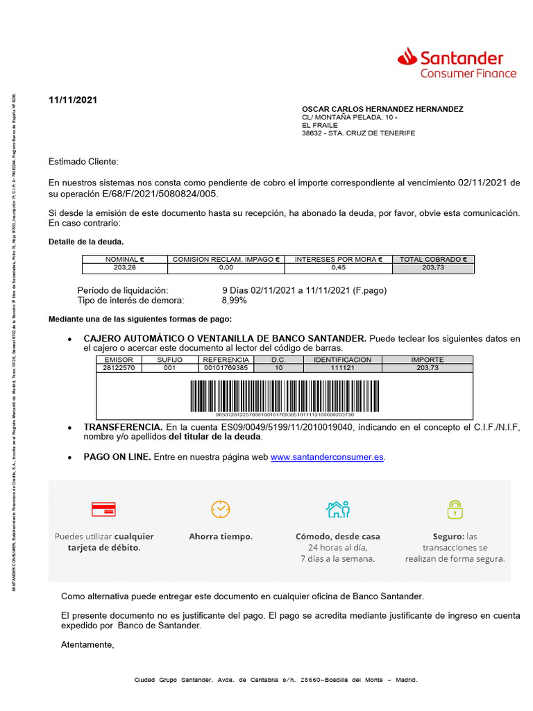 Cajero Automático O Ventanilla de Banco Santander.: Detalle de La Deuda ...