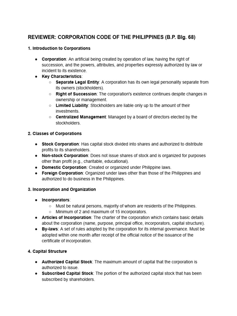 Reviewer - Corporation Code of The Philippines (B | PDF