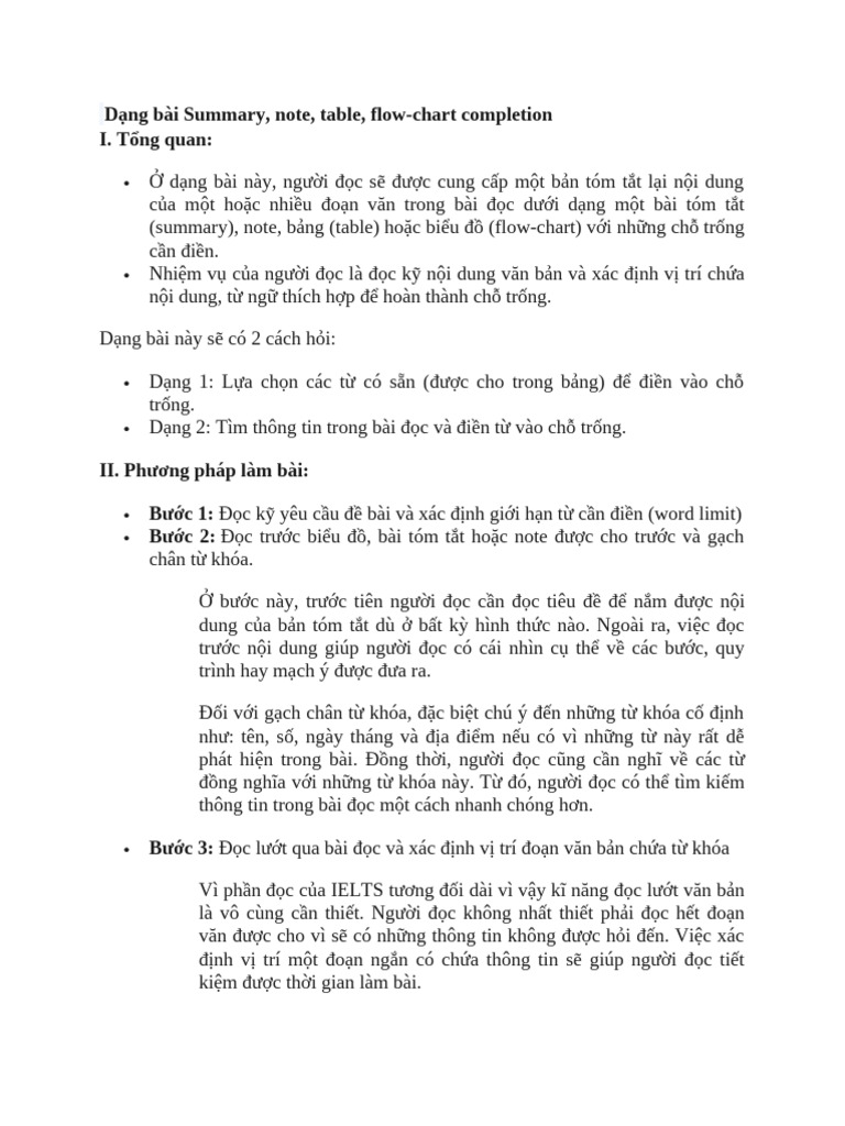 D NG Bài Summary, Note, Table, Flow-Chart Completion I. T NG Quan | PDF