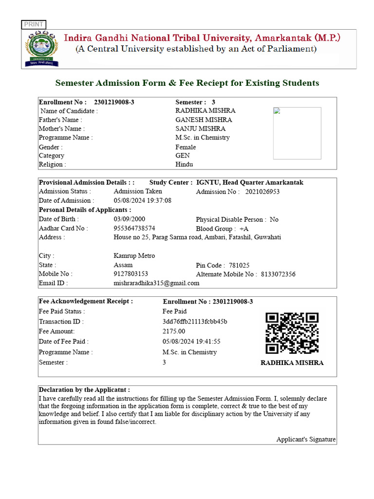 Admission Free Receipt Radhika 3rd Sem | PDF