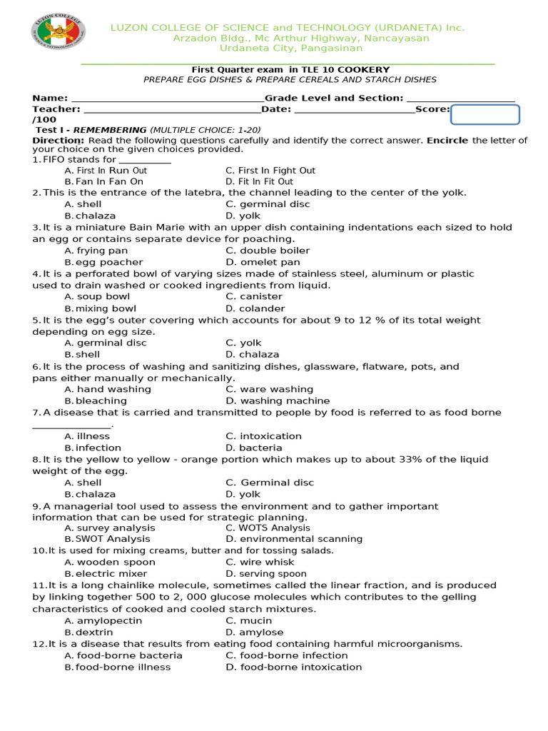 Tle 10 First Quarter Exam | PDF