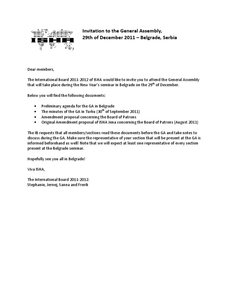 Invitation To The General Assembly, 29th of December 2011 - Belgrade ...