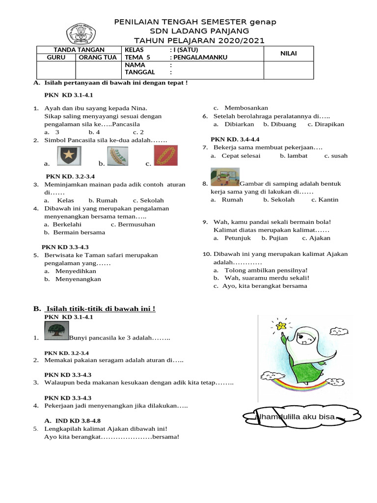 PTS Genap Kelas 1 | PDF