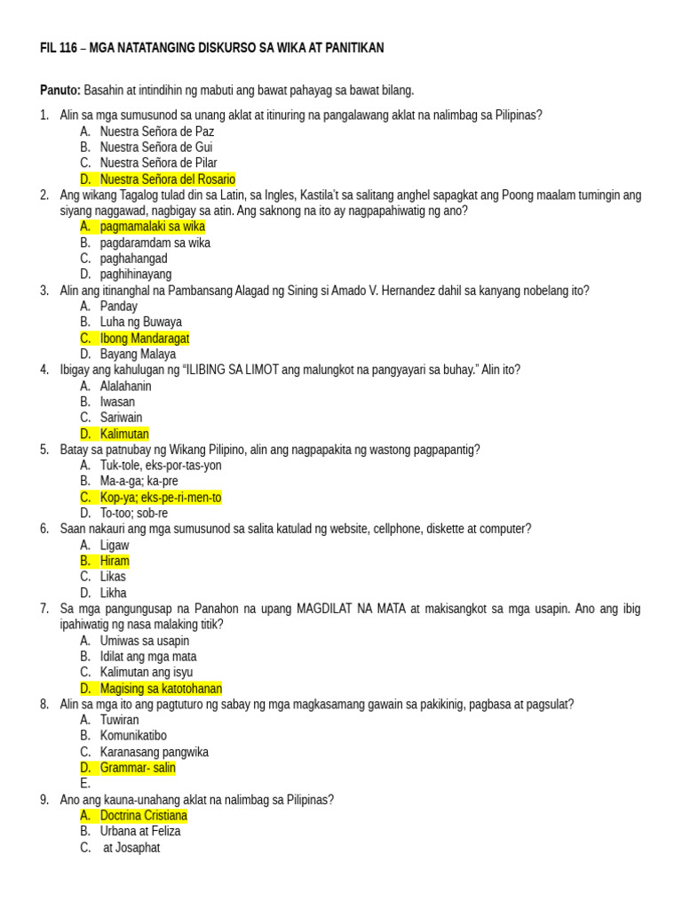 Fil 116 - Mga Natatanging Diskurso Sa Wika at Panitikan | PDF