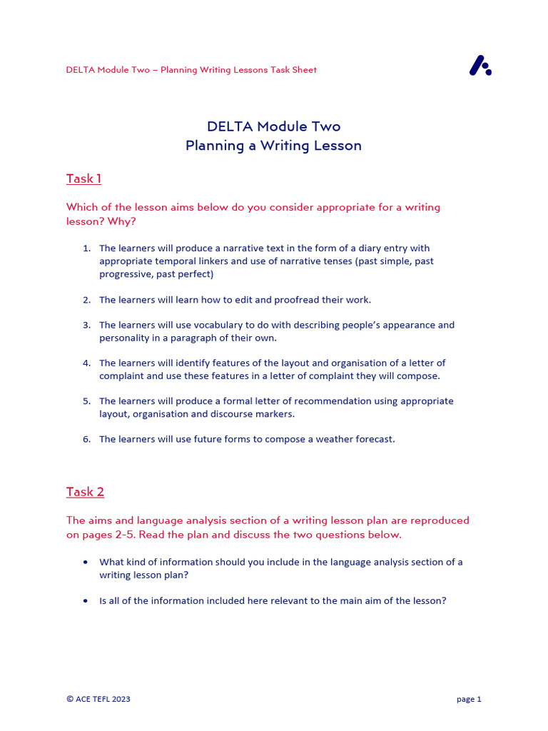 Planning Writing Lessons Task Sheet | PDF