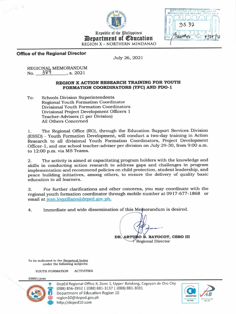 RM - 384 - Region X Action Research Training For Youth Formation ...
