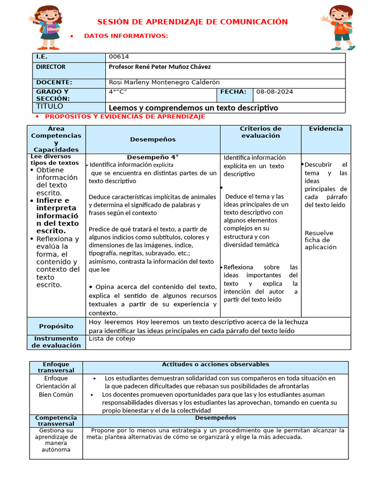 COM. Leemos y Comprendemos Un Texto Descriptivo | PDF