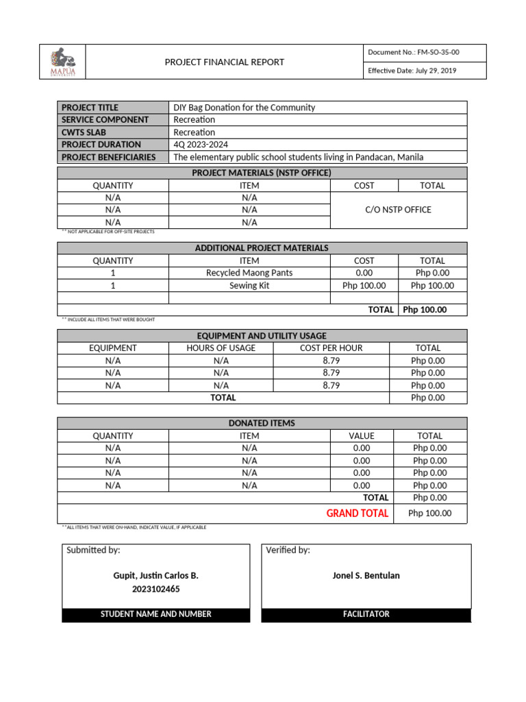 Project Financial Report Form | PDF