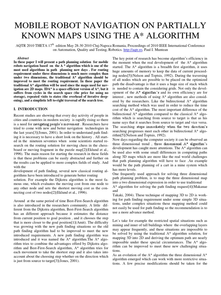 Mobile Robot Navigation On Partially Known Maps Usign The A Star Algorithm-Muntean Paul I 2 ...