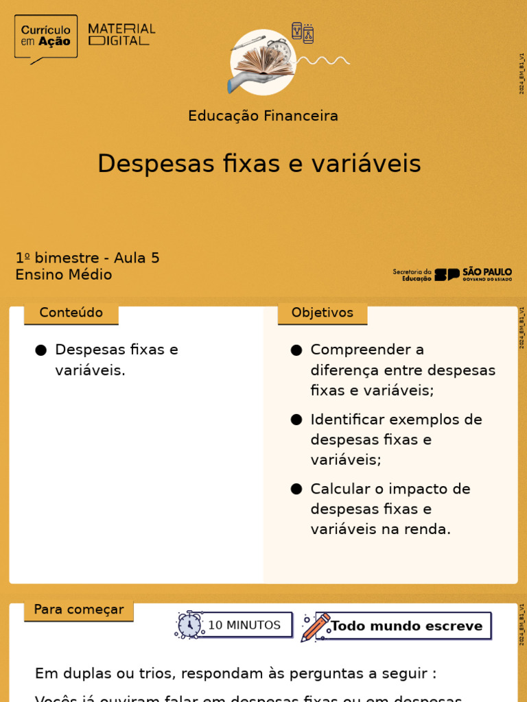 Aula 5 Despesas Fixas e Variaveis - Editavel | PDF