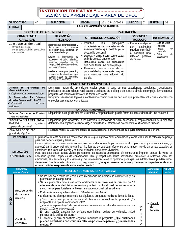 Unidad 7 - Sesión - Sem 2 - DPCC 4° | PDF