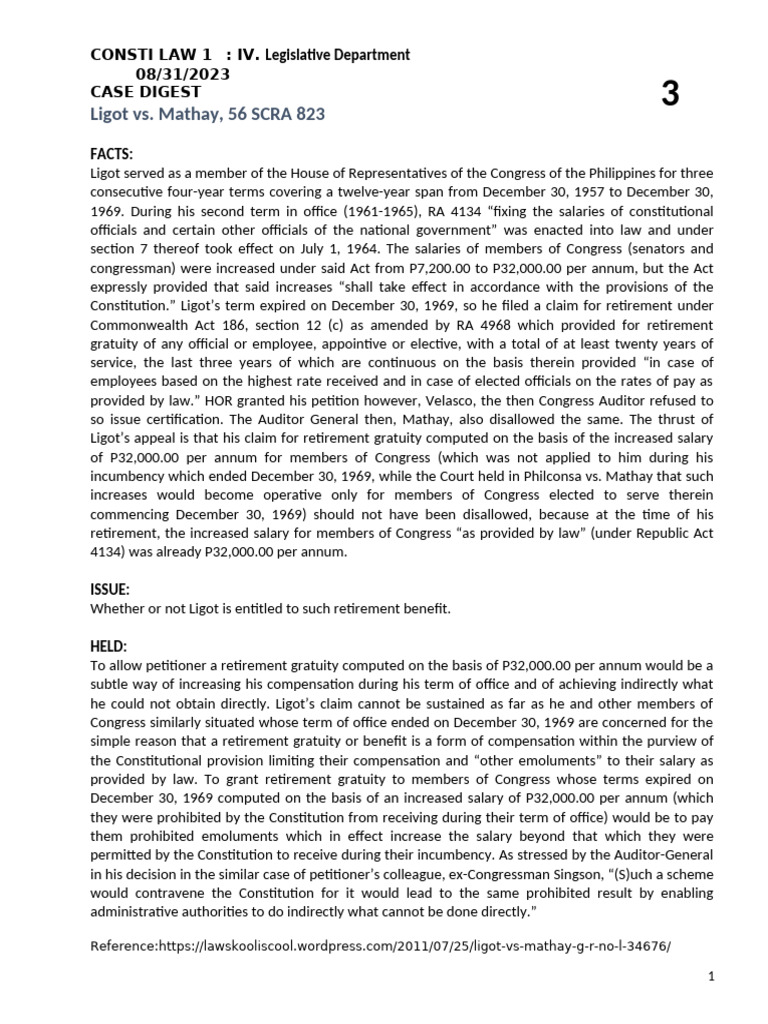 Ligot vs. Mathay, 56 SCRA 823 | PDF | United States Congress | American ...