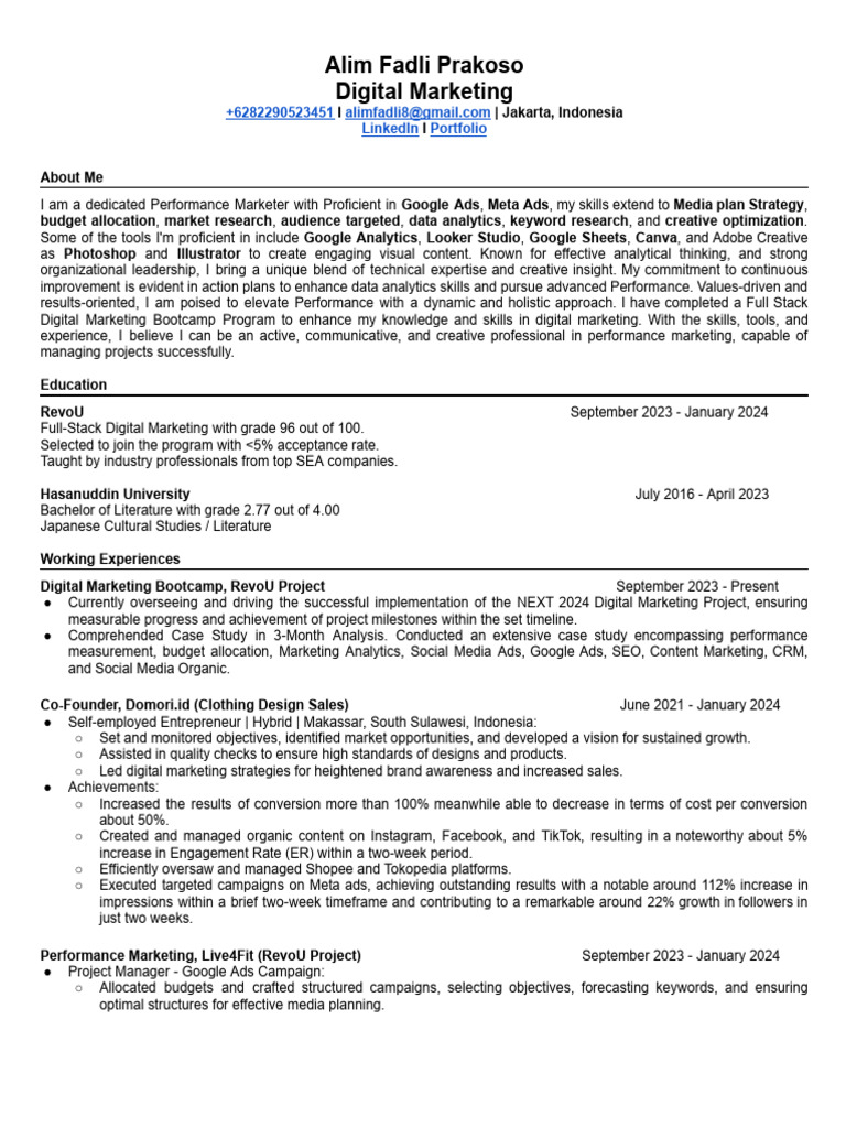Contoh CV Digital Marketing ATS | PDF | Digital Marketing | Career & Growth