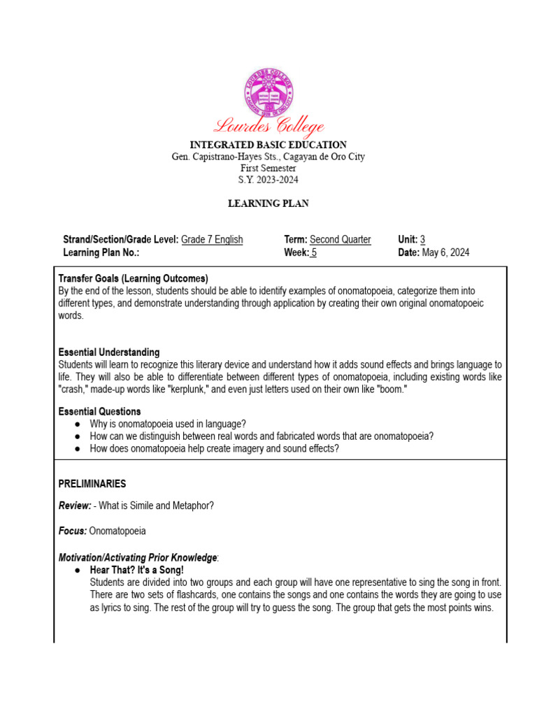 Onomatopoeia Elt 4 Lesson Plan | PDF