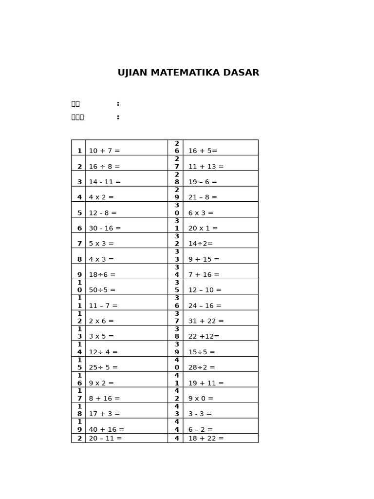Contoh Quiz Matematika Dasar | PDF