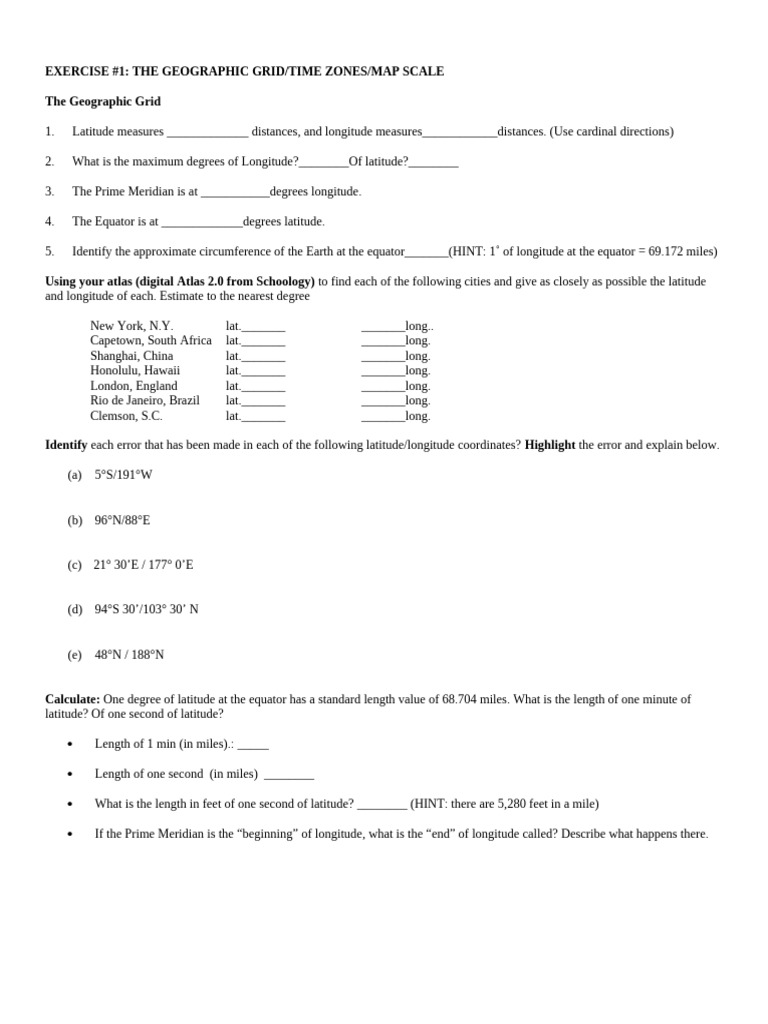 Chapter 1 Key 1 Latitude and Longitude Activity | PDF