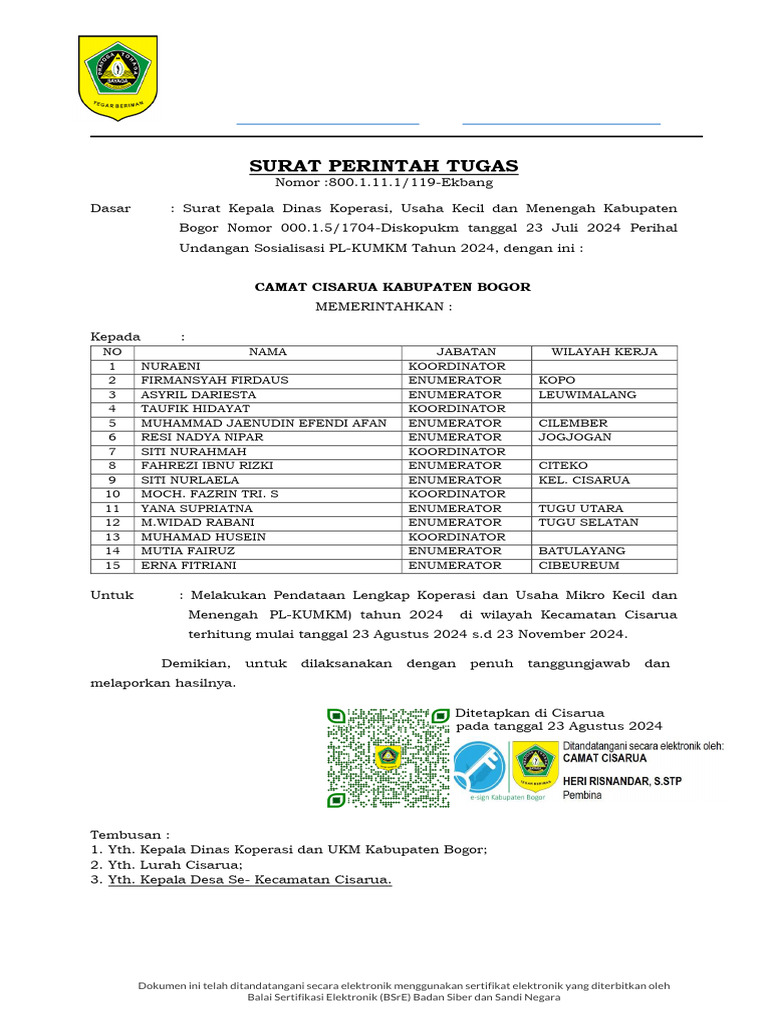Surat Tugas Enumerator PDF | PDF