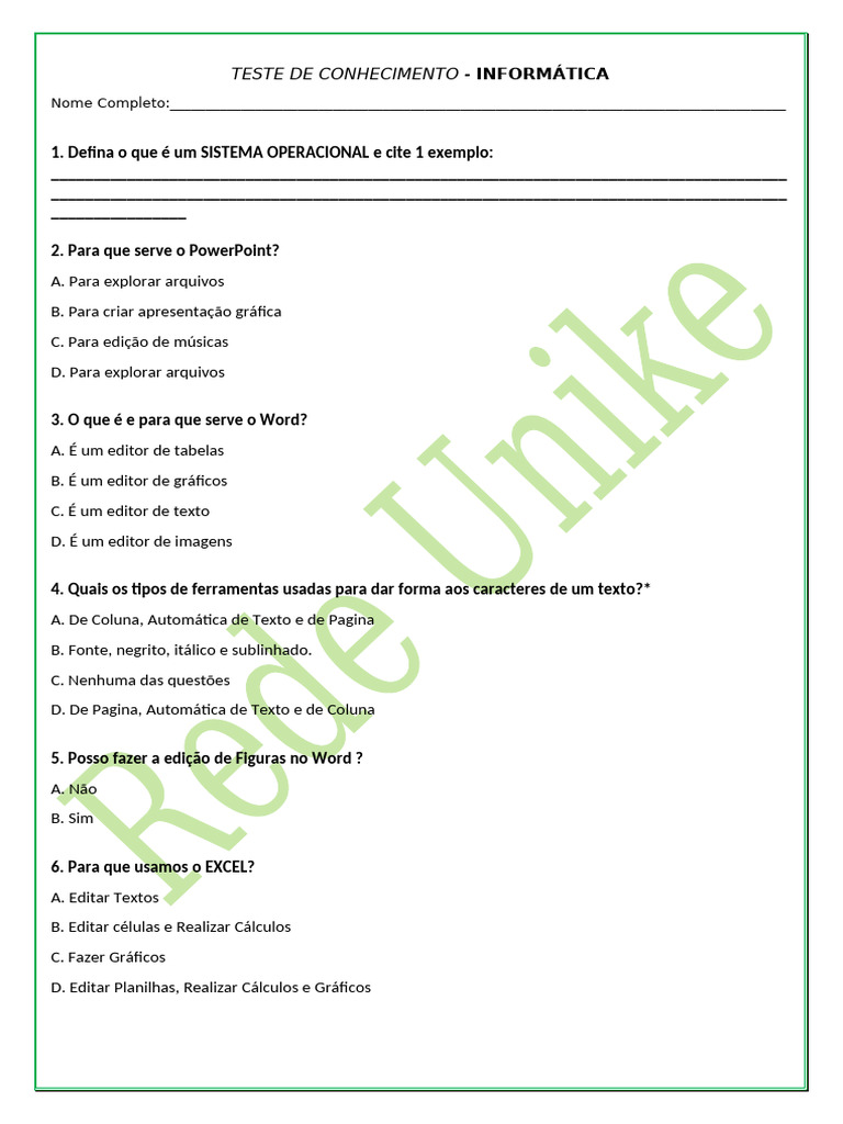 Teste de Conhecimento - Alunos | PDF