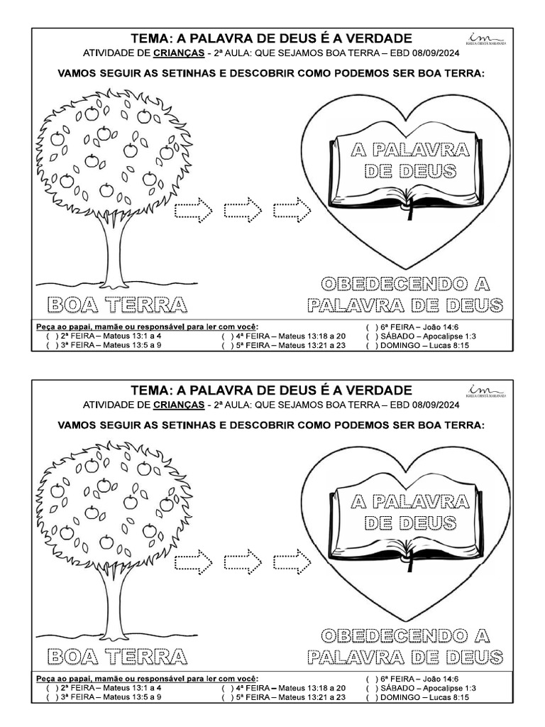 2a Aula - Atividade2 - CRI - A Palavra de Deus e A Verdade - Que Sejamos Boa Terra - Setembro ...