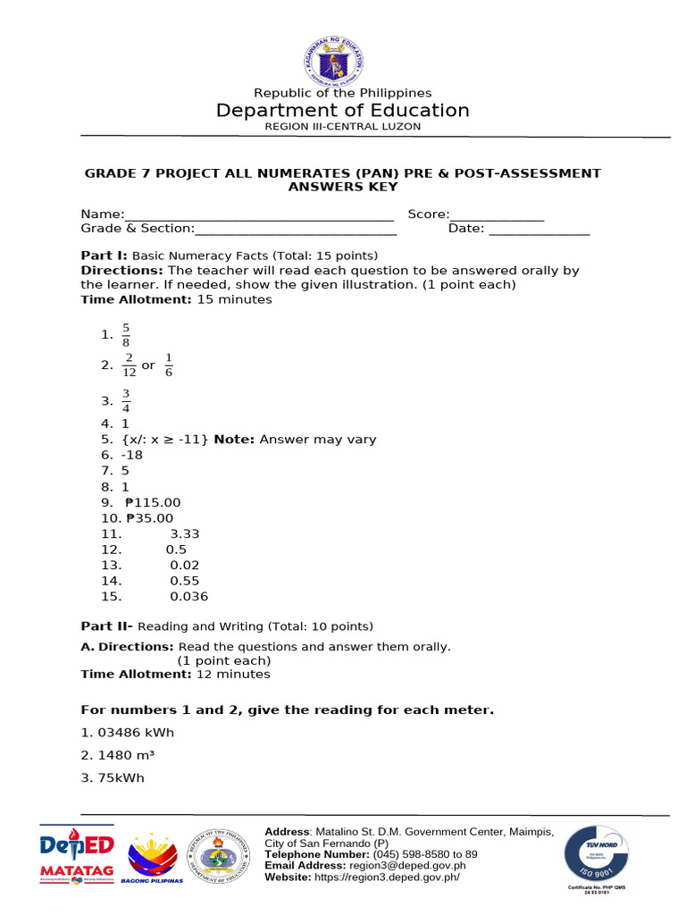 Grade 7 Key To Correction - Prepost Assessment | PDF | Teaching Methods ...