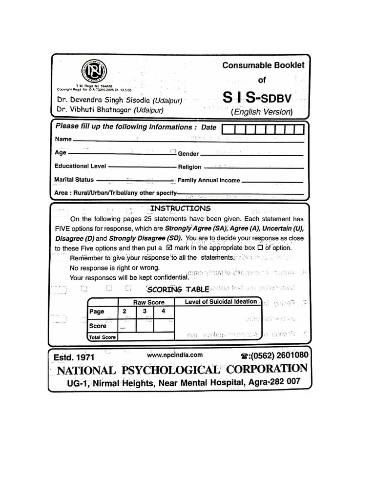 Suicidal Ideation Scale | PDF