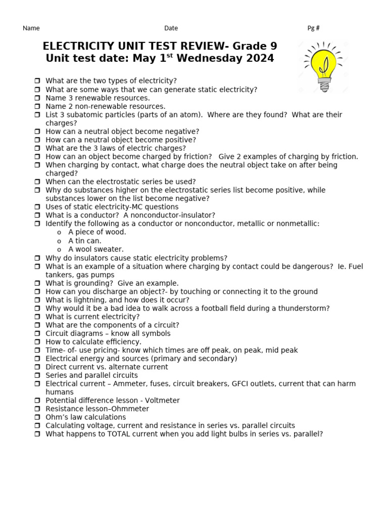 Electricity unit test review-2024 | PDF