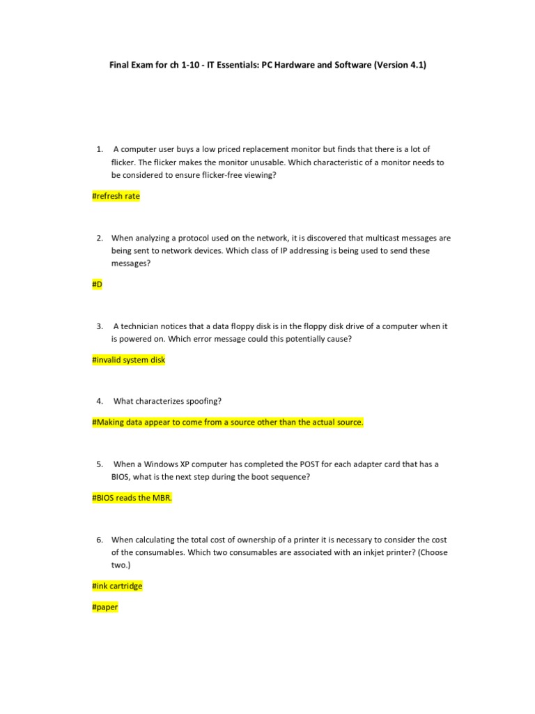 IT Essentials Final Exam For Chapter 1-10 (Version4.1) | PDF | Computer ...