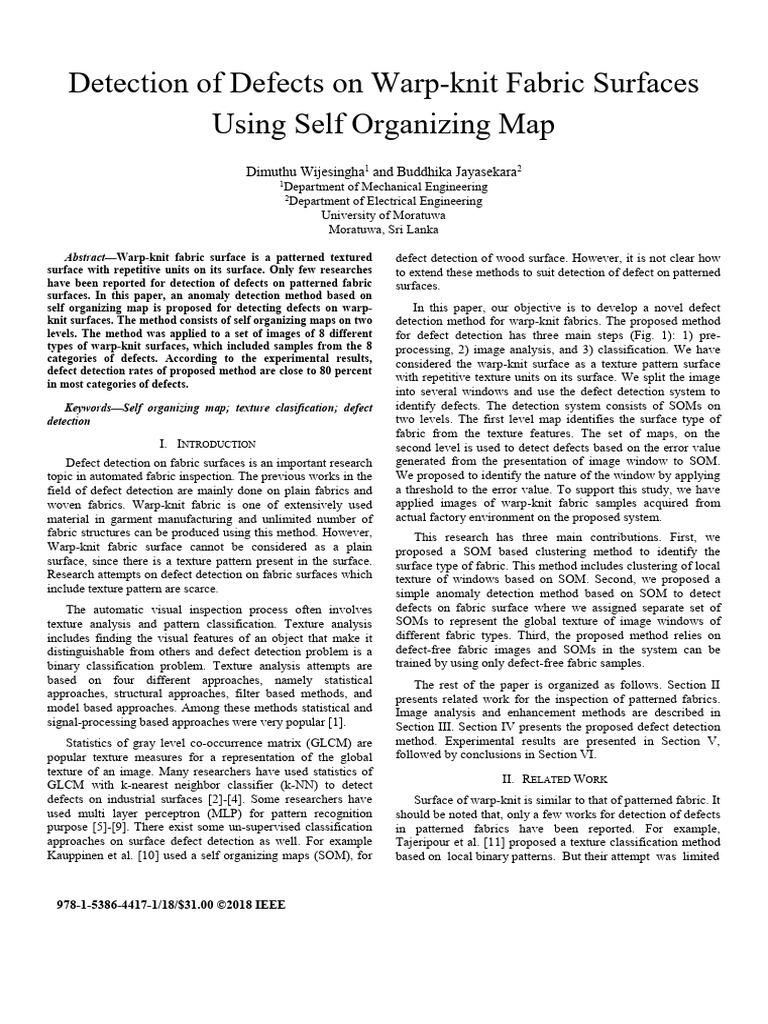 Detection of Defects On Warp-Knit Fabric Surfaces Using Self Organizing Map | PDF