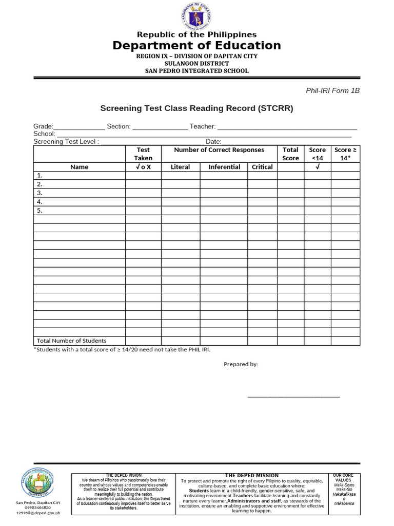 FORM 1BScreening Test Class Reading Record | PDF